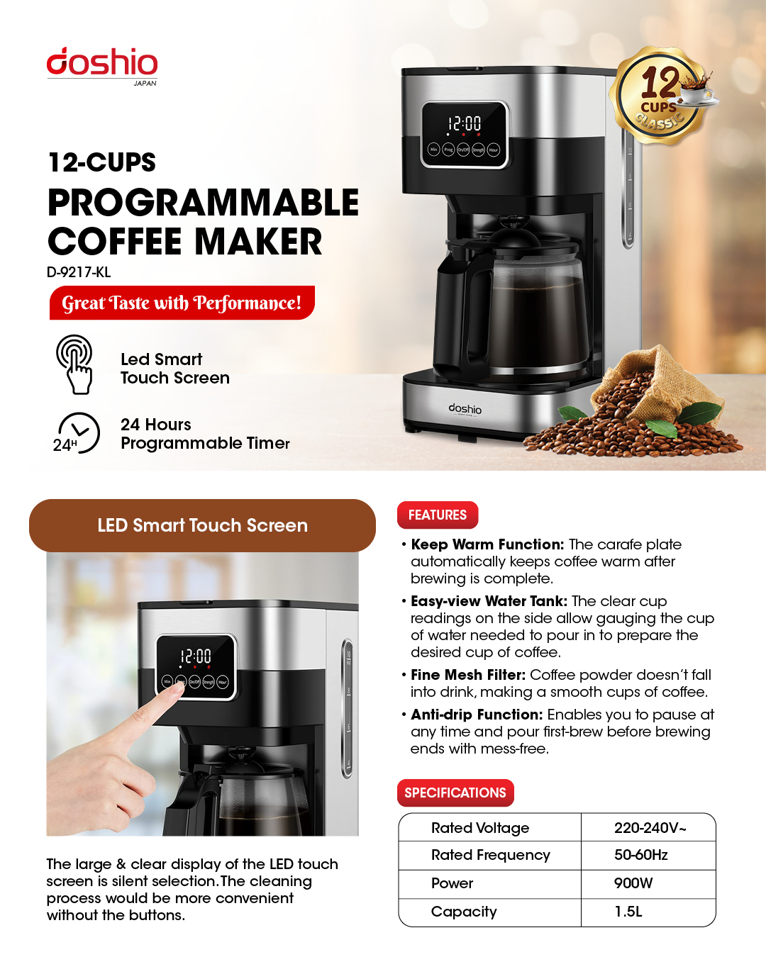 Doshio 12-Cups Programmable Coffee Maker - Doshio