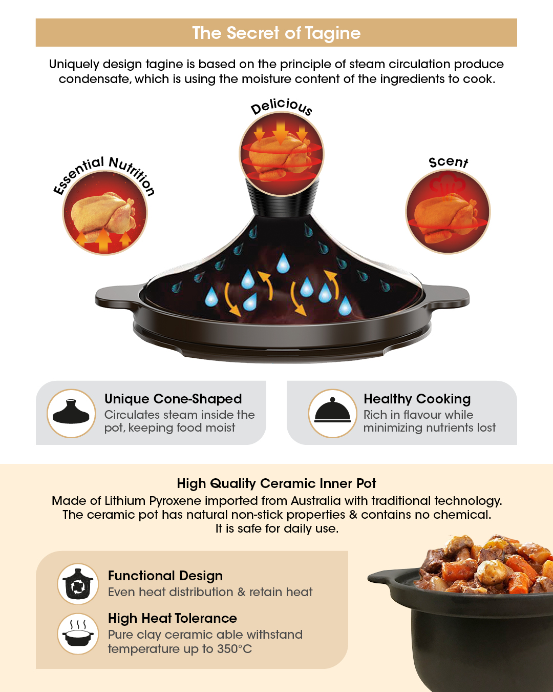 Doshio Stew Cooker with Tajine Lid 4L (Cream Color) - Doshio